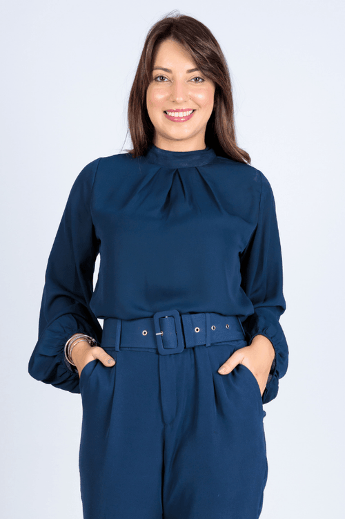Blusa Manga Longa Pregas Colo Suzana Azul Marinho